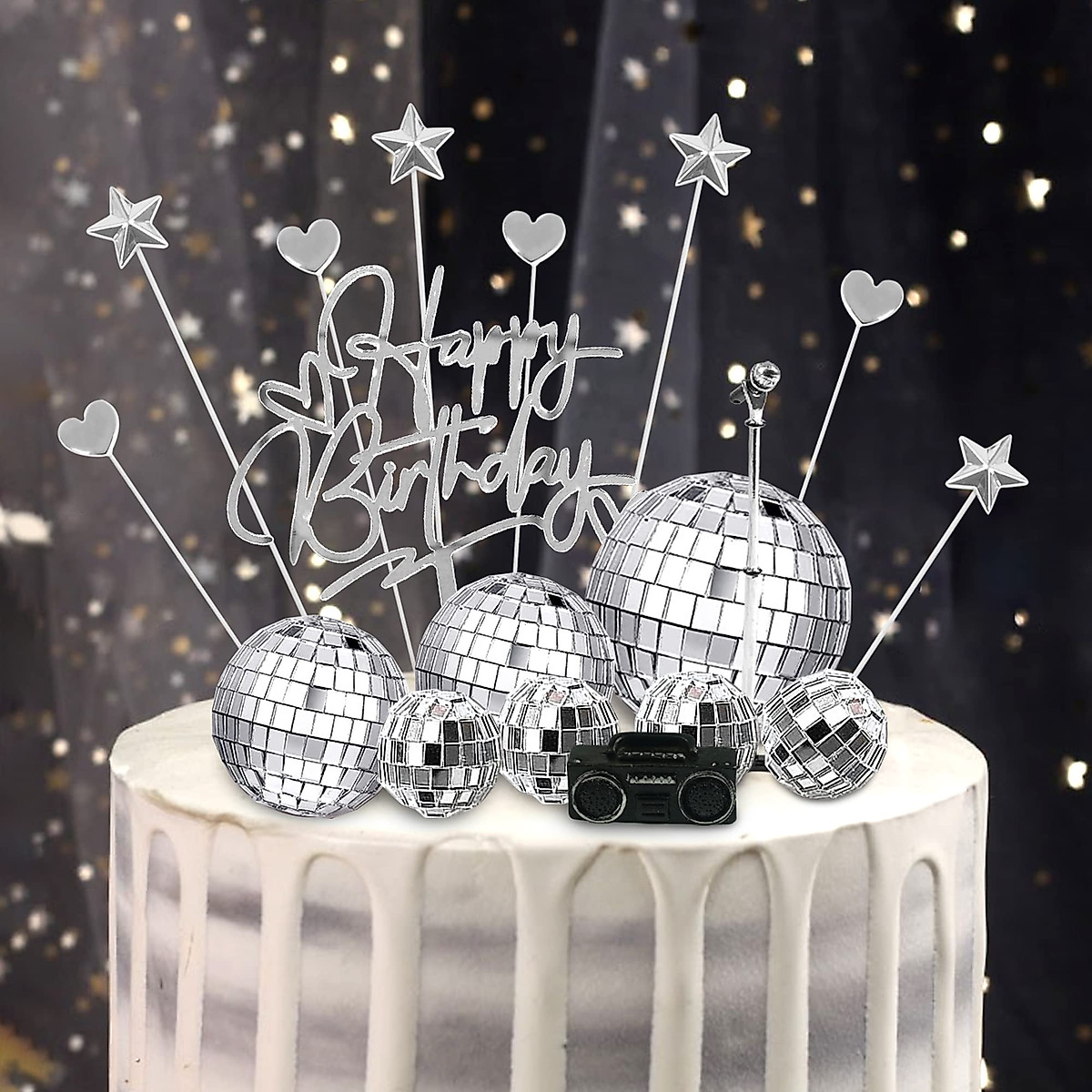 23PCS Disco Ball Cake Toppers 70's Disco Theme Cake Decoration Set with DJ Bling Silver Mirror Balls Centerpiece and Mini Microphone Radio Toy Decor for Women Men 1970s Dance Birthday Party Supplies