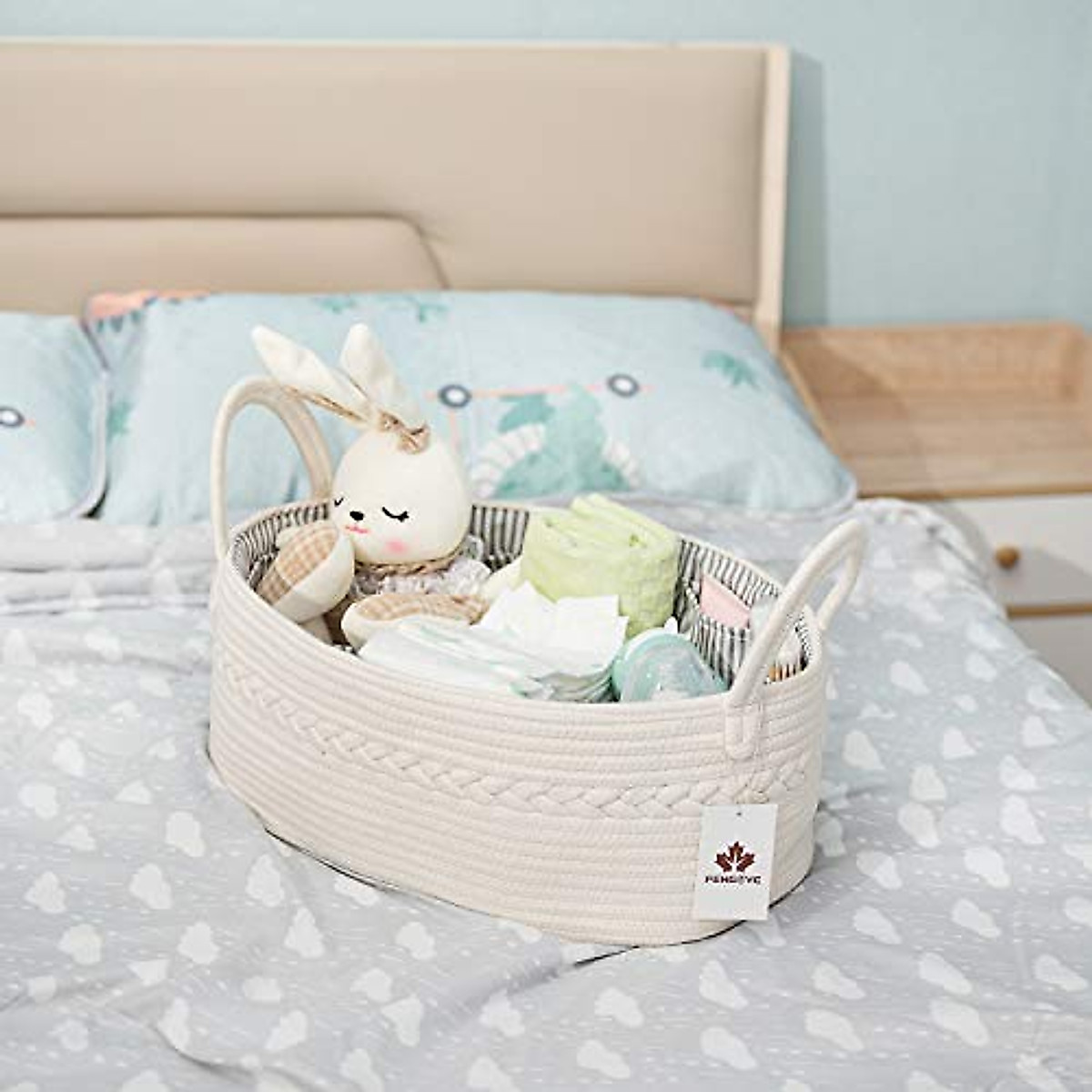 Extra Large Baby Diaper Caddy Organizer 16.5"X11"X6.5" Woven Cotton Rope Baby Shower Basket [8 Pockets+5 compartments]Nursery Storage Bin Portable Car Travel Tote Bag Newborn Registry Boy Girl