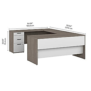 Bestar Ridgeley U Shaped Desk, 65W, Silver Maple & Pure White