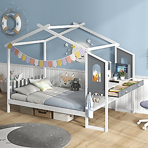 KOMFOTT Full House Bed with Desk, Wood Montessori Bed Frame with House Roof Canopy, 2 Drawers, Modern Playhouse Bed with Fence for Kids, Teens, Girls & Boys, No Box Spring Needed, White & Gray