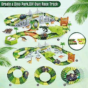 Dinosaur Toys Race Track,174pcs Flexible Track Set with 2 Dino Cars,Create a Dinosaur World Road Race,Include 8 Dinosaur Figurines,Jumbo Dinosaur Head,Dino Door & Bridge for Kids Toddlers Boys Girls