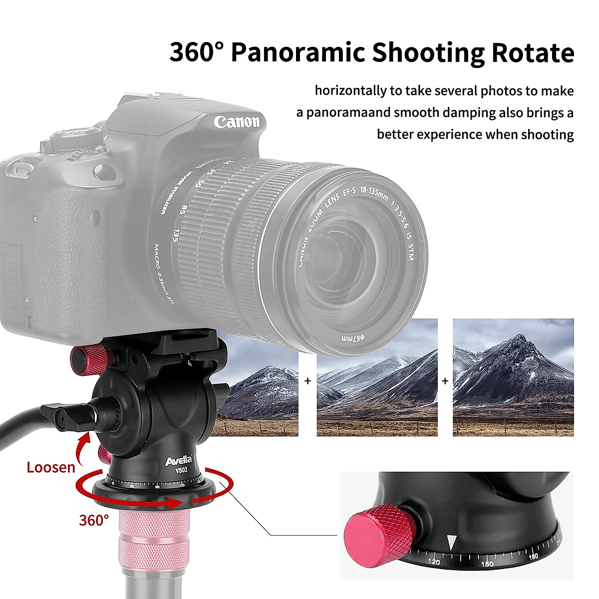 Avella Tripod Fluid Head Pan Tilt Head with Arca Type Quick Release Plate and Handle, Metal Panorama Head with Scaled Base for Compact Video Camera DSLR Camera, Load up to 6.6lb, V502