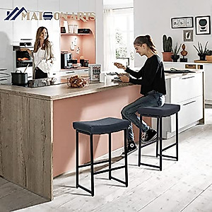 MAISON ARTS Black Bar Stools Set of 2 Counter Height 24 Inches Saddle Stools for Kitchen Counter Backless Modern Barstools Upholstered Faux Leather Stools Farmhouse Island Chairs, Black, 2pcs