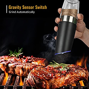 Gravity Electric Salt and Pepper Grinder Set, 2 Pack Automatic Salt and Pepper Grinder Set With LED Light & Adjustable Coarseness, One Hand Operation Mill Grinder Battery-Operated, Gift Idea, Black