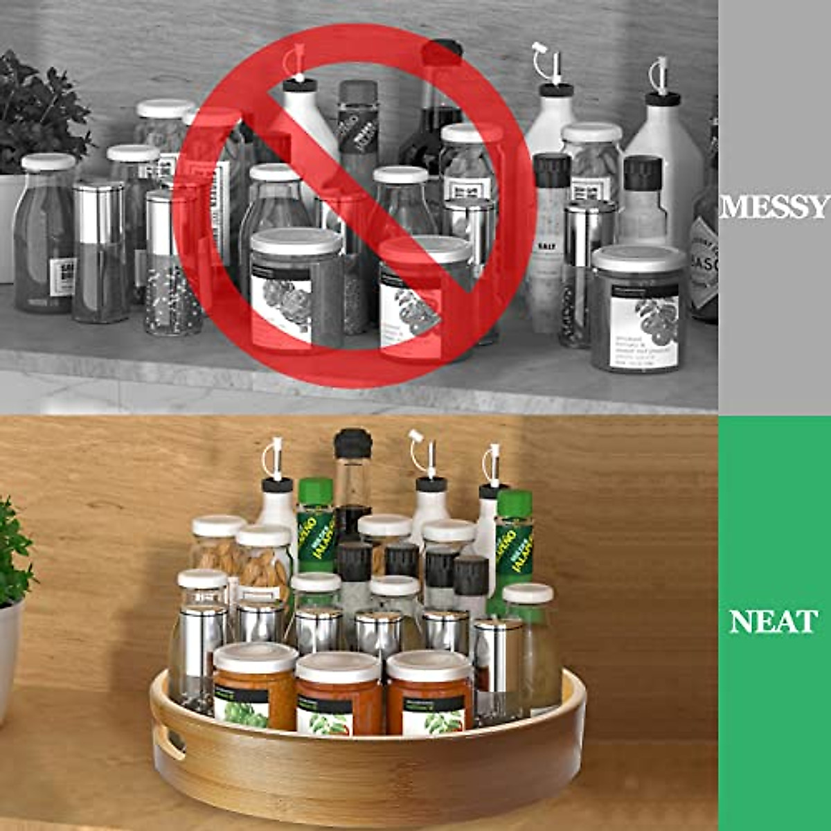 14 Inch Bamboo Lazy Susan Organizer, Wooden Turntable for Kitchen Countertop, Wood Rotating Tray Turn Table with Handle, Spinning Spice Rack for Cabinet Pantry Counter Top Organization