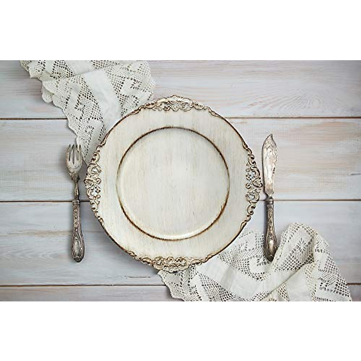 Tiger Chef 4-Piece 13-inch Royal Antiqued White Round Vintage Dinner Charger For Plates, Wedding Reception Chargers Plate Chargers For Table Settings Disposable Hard Round Charger Plates