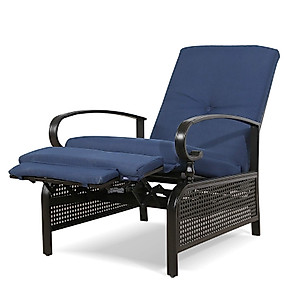 Ulax furniture Outdoor Recliner Adjustable Metal Patio Reclining Lounge Recliner Sofa Chair with Removable 100% Olefin Cushion (Navy)