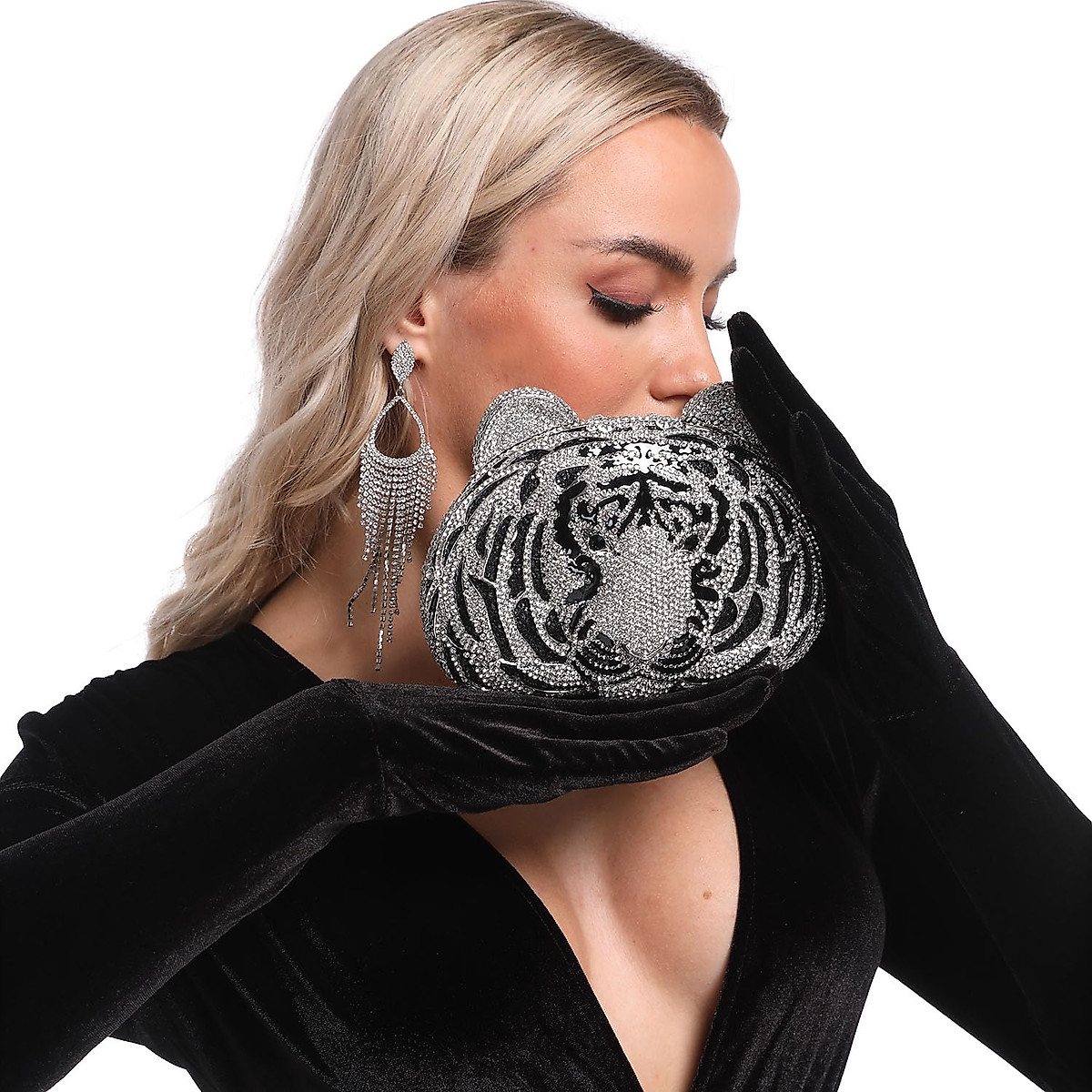 Boutique De FGG Tiger Clutch Purse for Women Evening Bags Formal Party Prom Rhinestone Handbags and Purses (Silver)