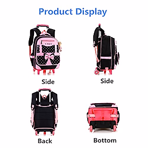 Bowknot Kids Rolling School Backpack 2Pcs Polka Dot Princess Style Trolley Bookbag on Two Wheels