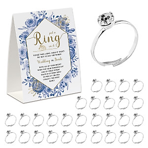 Put A Ring on It Game(50 Rings with One Sign), Don't Say Wedding or Bride Game, Fun Bridal Shower Game, Bridal Shower Decorations Geometric Frame Blue Floral-JZDS07