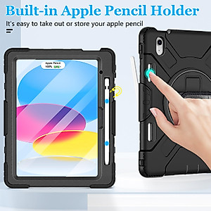 Case for iPad 10th Generation 2022: Military Grade Silicone Protective Cover for iPad 10th Gen 10.9 Inch W/Screen Protector- 360° Rotatable Stand- Shoulder Strap- Handle Pencil Holder Black