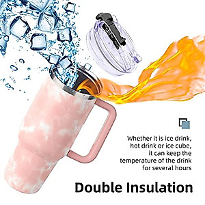 DREAMING MY DREAM 40oz Tumbler with Handle, H2.0 Tumbler Reusable Vacuum, Insulated Tumbler With Lid and Straws, Insulated Cup, Leak Resistant Lid (Tie Dye Pink)