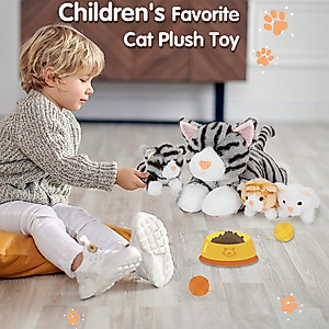 Muiteiur 4 Piece Cat Plush Set, Mom Cat Stuffed Animal with 3 Baby Stuffed Kittens in Zipper Pouch, Cute Stuffed Cat for Kids Girls Boys, Great Gift for Valentines Birthday (Grey,15.7inch)