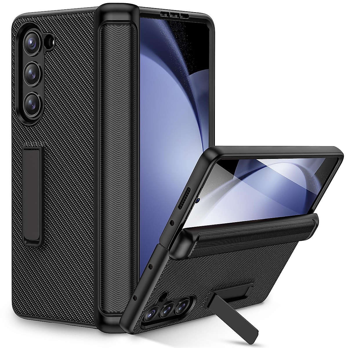Ruky for Galaxy Z Fold 5 Case, with Magnetic Kickstand and Hinge Protection, Full Body Case Built-in Screen Protector, PU Leather Phone Case for Samsung Galaxy Z Fold 5, Carbon Fiber