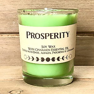 Prosperity Green Spell Candle | Cinnamon Infused, Topped with Money Herbs | Lemurian Moon Soy Candle for Spells & Rituals