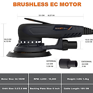 MAXXT Electric 5mm Random Orbital Sander Brushless 350W 3A Multi-function Variable Speed Electric Corded Orbital Sanders Machine with 10 Sanding Paper for Woodworking (R7303-2.5mmOrbit-EU)