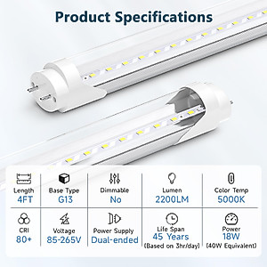 SHINESTAR T8 LED Bulbs 4 Foot, Tube Lights 18W 2200LM, 5000K Daylight, Ballast Bypass, Dual-end, T8 T10 T12 LED Replacement for Fluorescent Tubes, 2 pin G13 Base, Clear Cover, 4 Pack