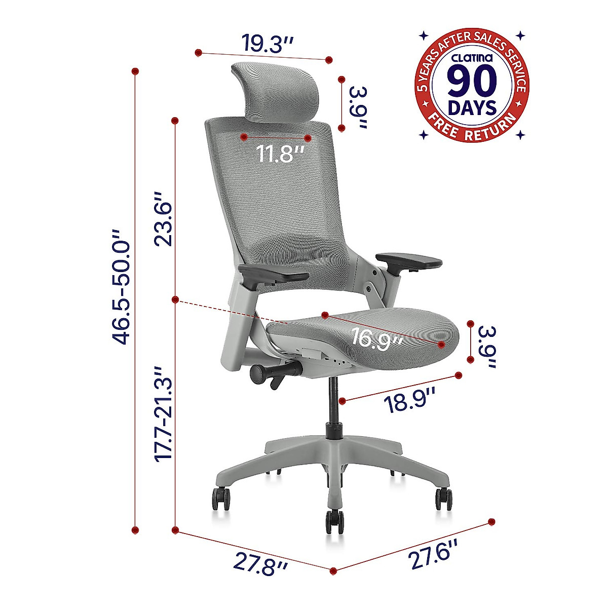 CLATINA Ergonomic High Swivel Executive Chair with Adjustable Height Head 3D Arm Rest Lumbar Support and Upholstered Back for Home Office Gray Mesh/High Back