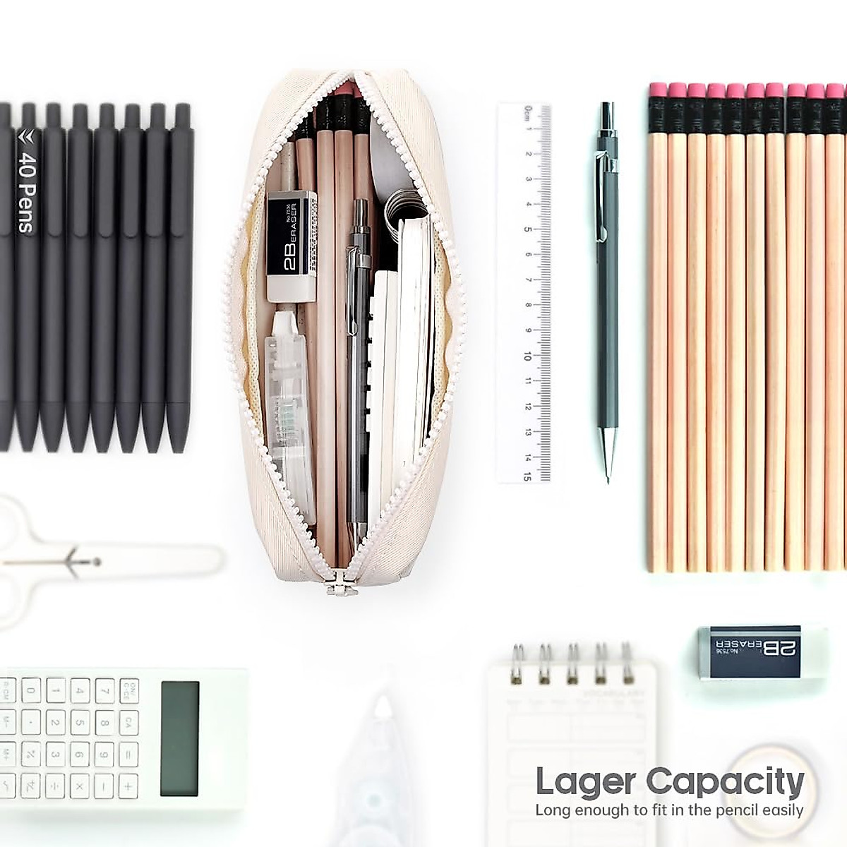 DOBMIT Big Capacity Pencil Case, Pure Color Pen Pouch with Zipper Stationary Storage Bag for Adult Students Officers, Cream White