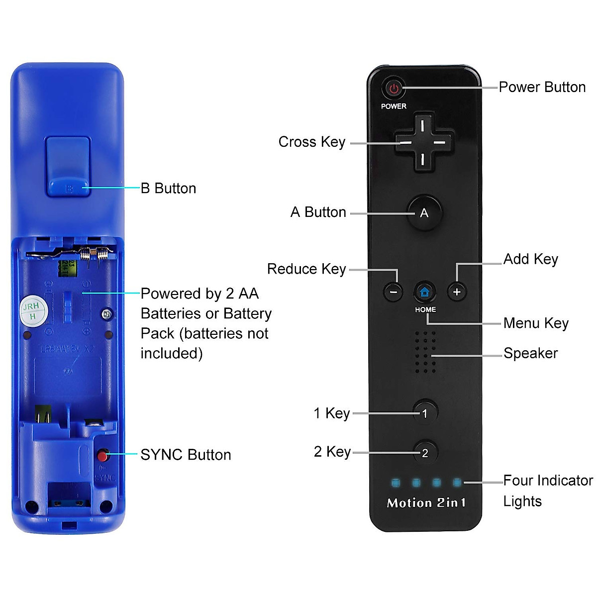 Wii Remote Controller (2 Pack) with Motion Plus Compatible with Wii and Wii U Console Wii Remote Controller with Shock Function (Black+Dark Blue)