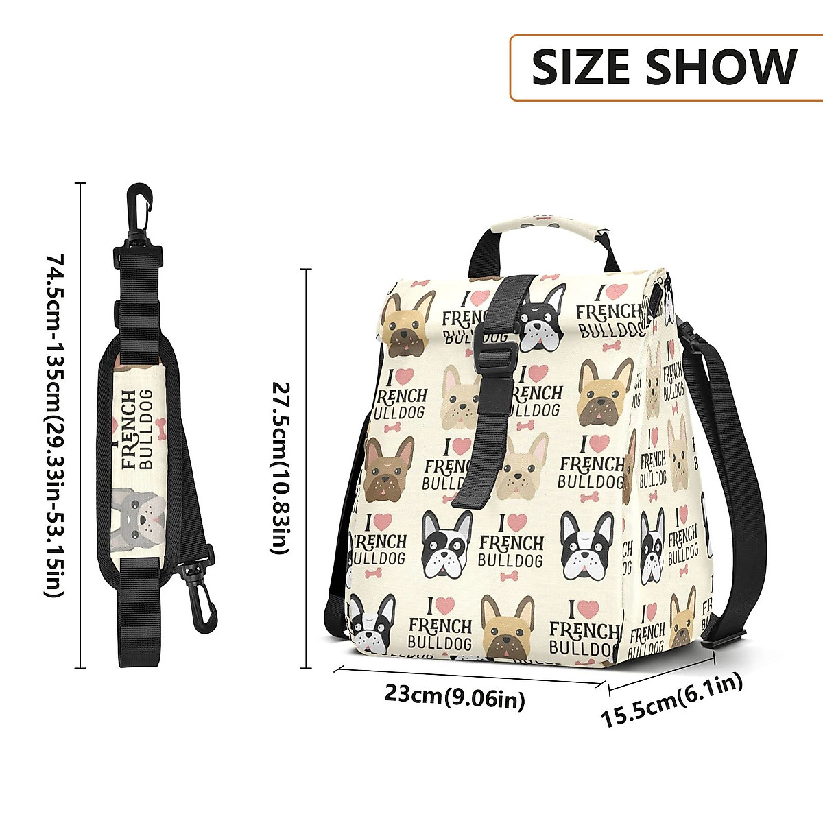 Lunch Bag Cooler Bag Thermal Insulated Men Women Travel School Work Cute French Bulldog Portable Beach Shoulder Strap