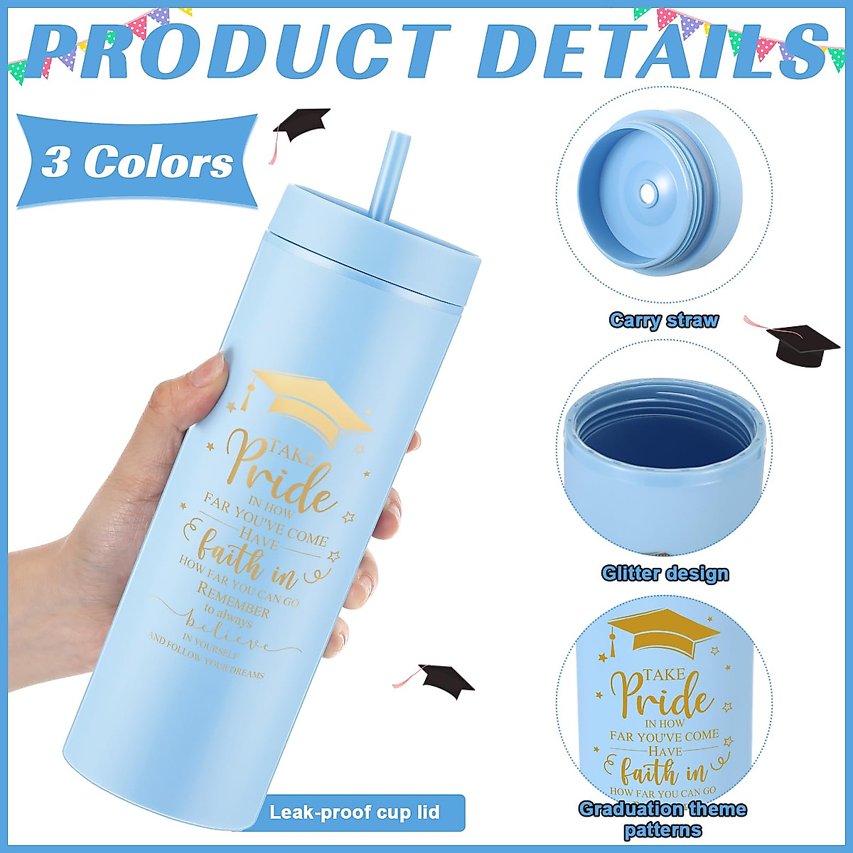 Blushtier 6 Pcs Class of 2025 Graduation Gifts Bulk 16oz Matte Graduation Cups 2025 Inspirational Tumbler with Lid and Straw Plastic Drinking Tumbler for Teen High School Grad Party Favors (Blue)