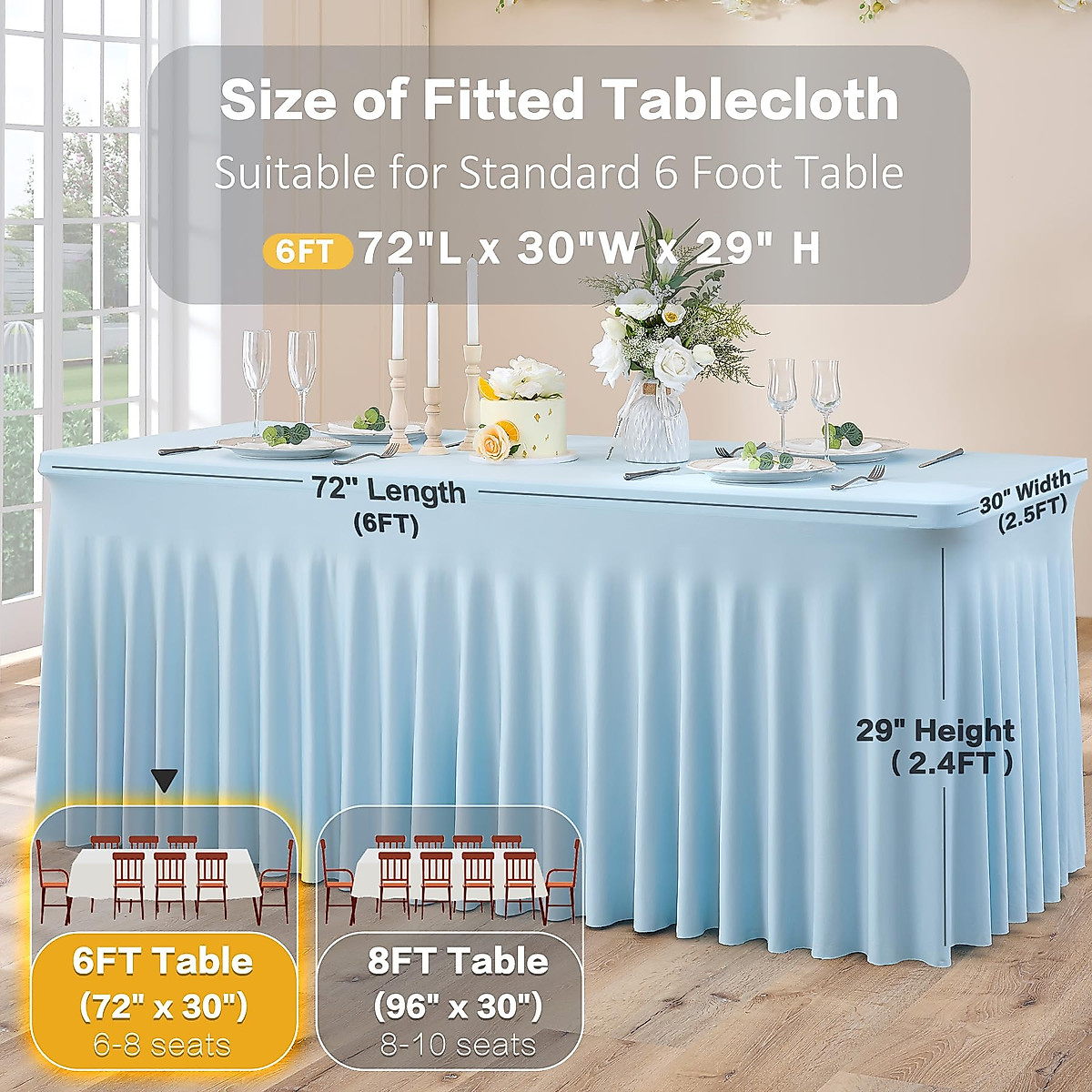 Htper 2 Pack Baby Blue Spandex Table Clothes for 6 Foot Rectangle Tables, Wrinkle Free Fitted Table Cover 6ft Stretch Tablecloths with Skirt for Parties Weddings Birthday Banquet Baby Shower