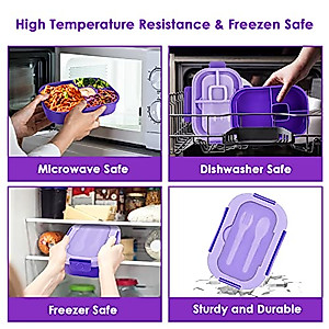 New Bento Box Lunch Box, 1.3L Bento Box Adult Lunch Box, Lunch Containers for Adults/Students/Teen, 5 Cup Bento Boxes with 4 Compartments&Fork, Leak-Proof, Microwave and Dishwasher Safe, Purple