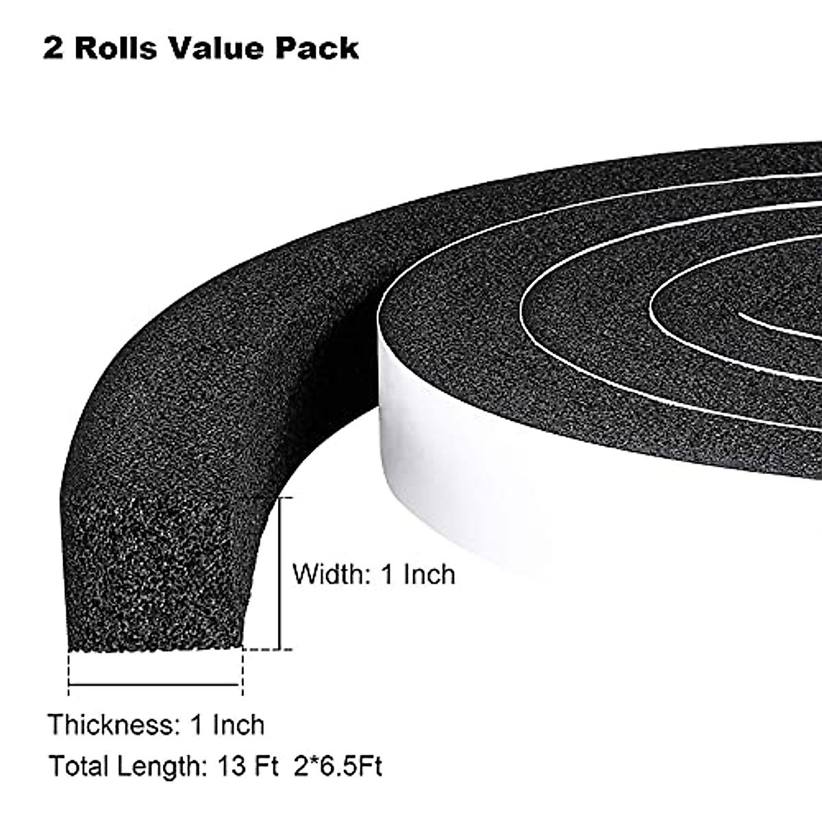 fowong Open Cell Foam Seal Tape 2 Rolls, 1" W X 1" T X 13' L, Air Conditioner Seal Low Density Door Insulation Strip High Resilience Flame Resistance, 2 X 6.5 Ft