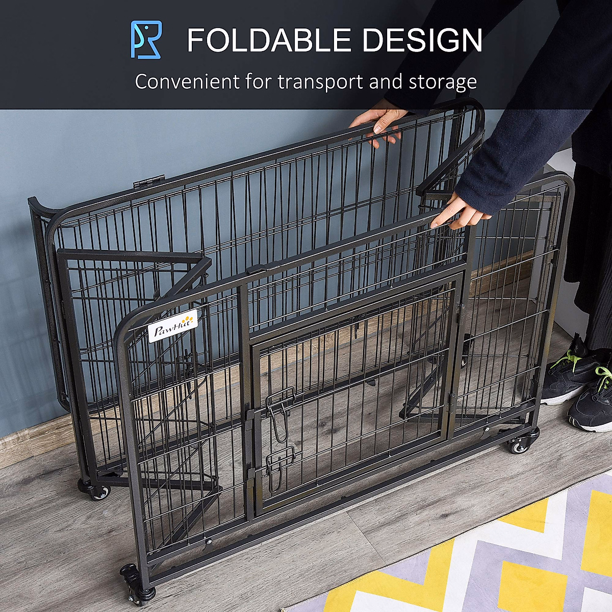 PawHut Folding Design Heavy Duty Metal Dog Cage Crate & Kennel with Removable Tray and Cover, & 4 Locking Wheels, Indoor/Outdoor 37"