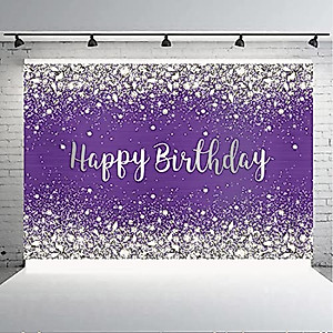 Aperturee 6x4ft Glitter Purple Diamonds Happy Birthday Backdrop Shinning Silver Bokeh Dots Women Girls Photography Background Sweet 16 Party Decorations Cake Table Banner Supplies Photo Booth Studio