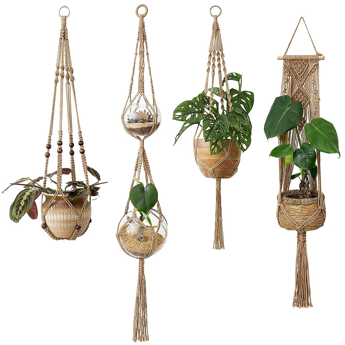 Mkono Macrame Plant Hangers 4 Pcs Indoor Outdoor Hanging Planter Basket Jute Rope Flower Pot Holder Boho Hippie Style