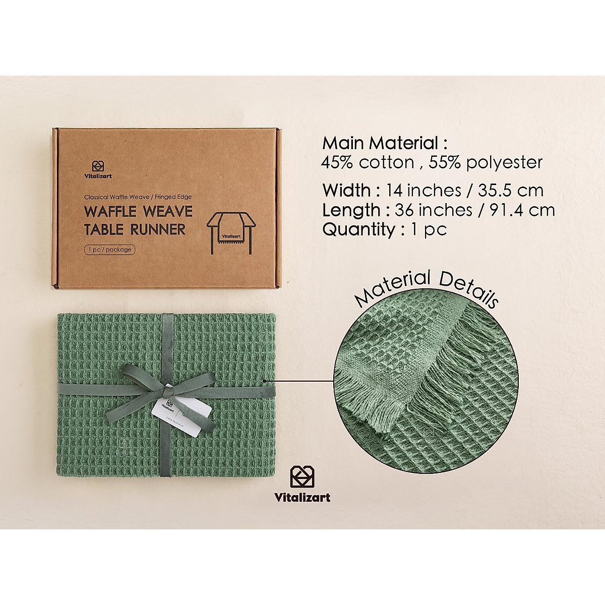 Vitalizart Dusty Green Table Runner 14"x36" Waffle Weave Boho Rustic Fringe Cotton Farmhouse Table Cloth for Home Decor Coffee Table Bedroom Kitchen Dining Bridal Wedding Baby Shower Decoration