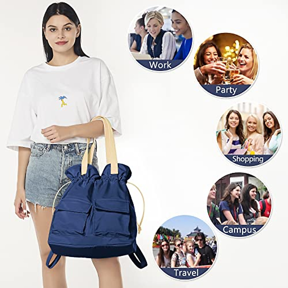 Women Nylon Backpack for Convertible Backpack,Large Handbags and Ladies Fashion Nylon Bookbag Travel Bag (Dark blue beige)