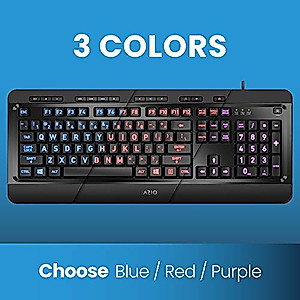 Azio Large Print Keyboard - USB Computer Keyboard with 3 Interchangeable Backlight Colors (KB505U)