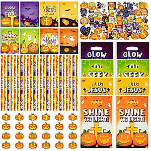 ANGOLIO 146Pcs Halloween Christian Jesus Party Bag Filler Pumpkin Cross Eraser Religious Pumpkin Pencil Notebook Pumpkin Cross Candy Bag and Sticker Halloween Decor Christian Halloween Party Supplies