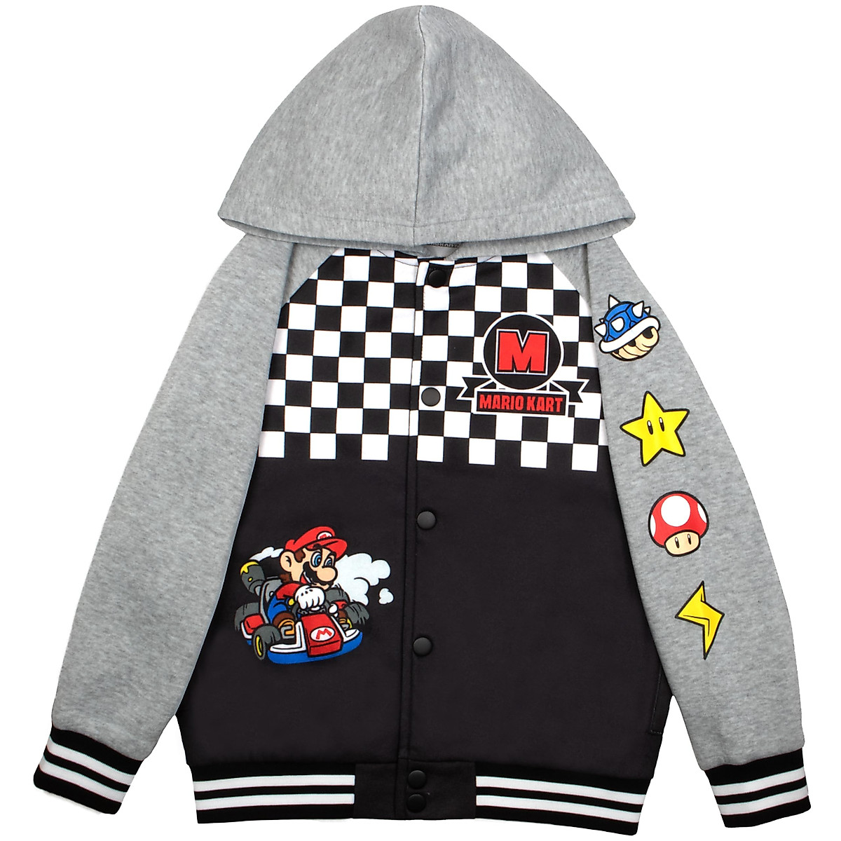 Nintendo Super Mario Graphic Boys Hooded Fleece Varsity Jacket for Kids and Toddlers (Size 7, Grey)