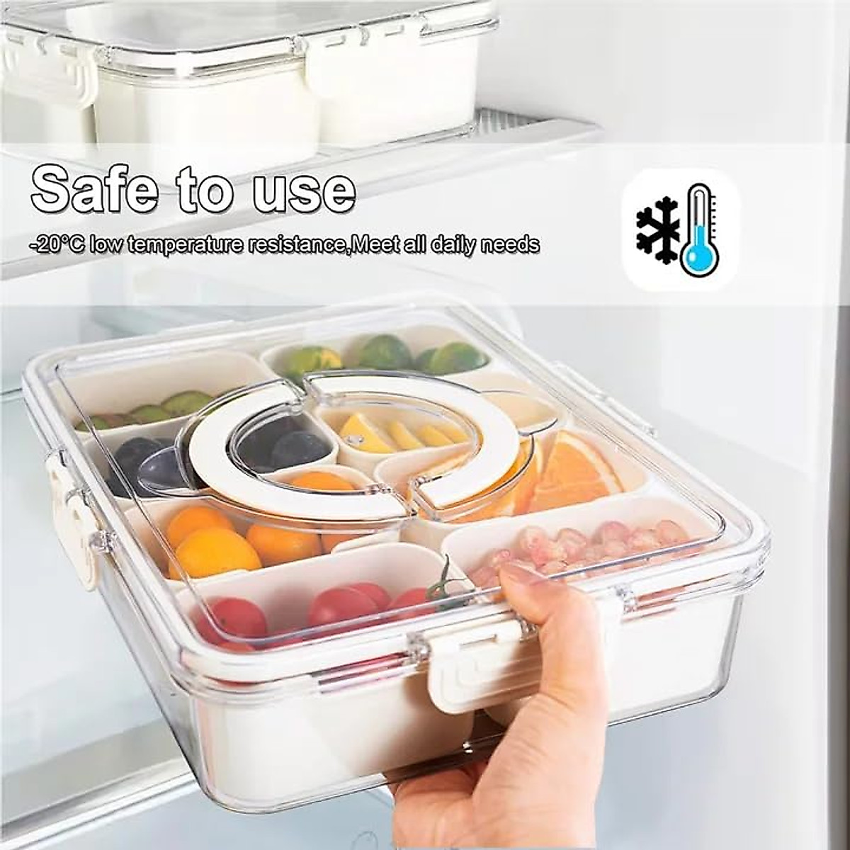 Kitchen Portable Plastic Spice Storage Container Snack Storage Box Snackle Box Clear Divided Serving Tray with Lid and Handle | Clear Snack Organizer Box for Party, Picnic, Travel