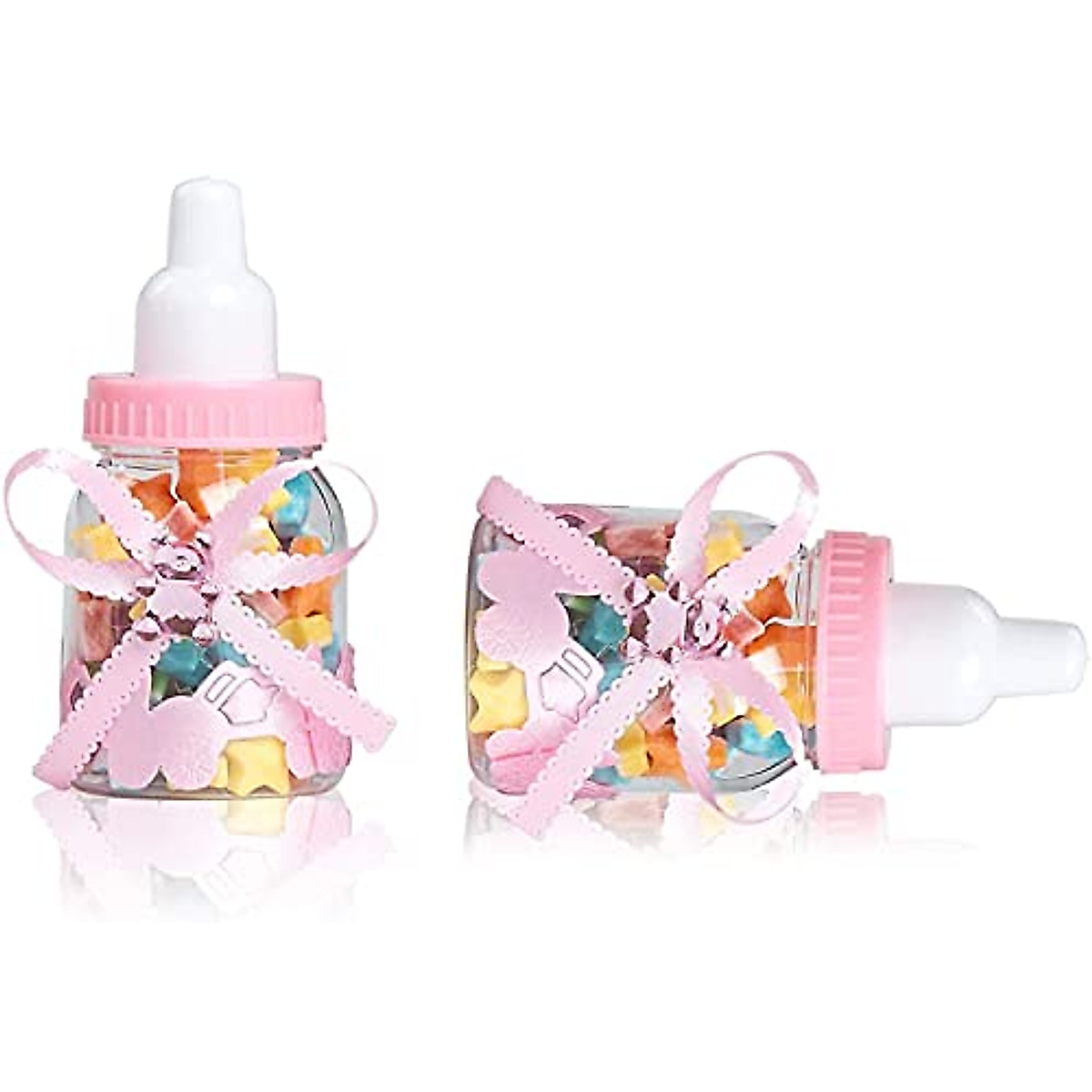 MACTING 2 Dozens 3.5 Inch Feeding Bottle Candy Box with 5 Pcs Artificial Flower Rose for Baby Shower Favor Gift Decoration (Pink)