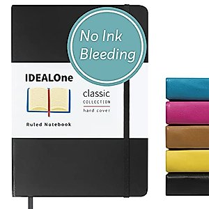 IDEALOne Journal Notebook Lined Classic Hardcover – For Work, Home, School, 5.7 x 8 inches, 160 pages, 100GSM Thick Paper, with Elastic Band Closure and Ribbon Bookmark, Black
