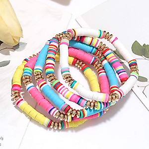 NVENF Heishi Bracelets Rainbow Vinyl Disc Bead Stretch Bracelets for Women Bohemia Stackable Surfer Bracelets for Girls Summer Beach Vacation Accessory (Style A)