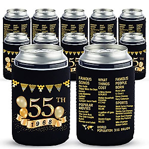 Yangmics 55th Birthday Can Cooler Sleeves Pack of 12-55th Anniversary Decorations- 1968 Sign - 55th Birthday Party Supplies - Black and Gold the fifty-fifth Birthday Cup Coolers