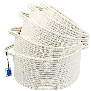 Casaphoria Cotton Rope Storage Baskets Bin Set of 5 Storage Round Organizer Foldable Decorative Woven Basket for Clothes,Sundries,Books,Towels for livingroom,Laundry Hamper,pack of 5, Cream