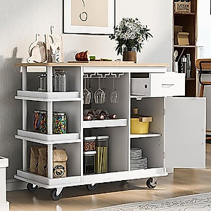MERITLINE Multipurpose Kitchen Island with Storage and Wheels, Rolling Kitchen Cart Cabinet with Shelves Drawer and Large Solid Wood Desk Top