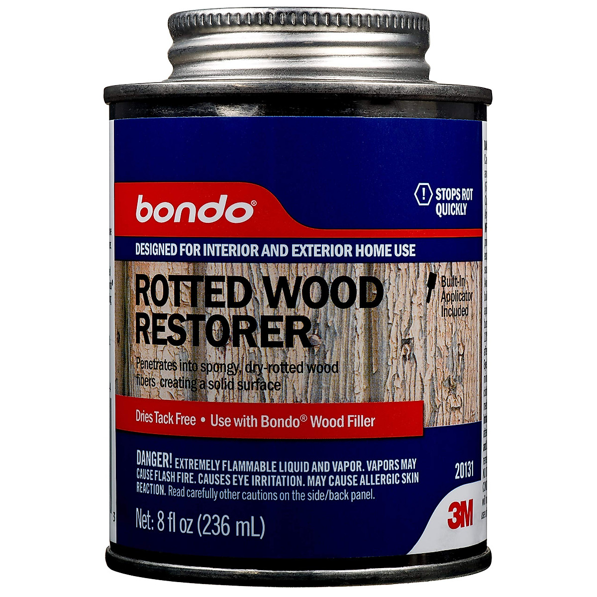 Bondo Rotted Wood Restorer, 8 fl oz., Penetrates into Spongy, Dry-rotted Wood Fibers Creating a Solid Surface, Dries clear and tack free, Water Resistant, Stainable and paintable (20131)