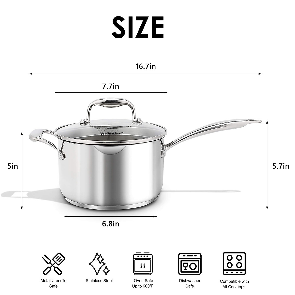 Rorence Stainless Steel Saucepan Sauce Pan with Pour Spout & Glass Lid with Strainer - 3.7 Quart