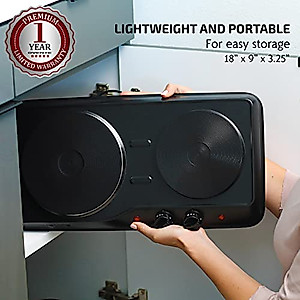 Ovente Electric Countertop Double Burner, 1700W Cooktop with 7.25 and 6.10 Inch Cast Iron Hot Plates and Temperature Control, Portable Cooking Stove, Easy to Clean Stainless Steel Base, Black BGS102B