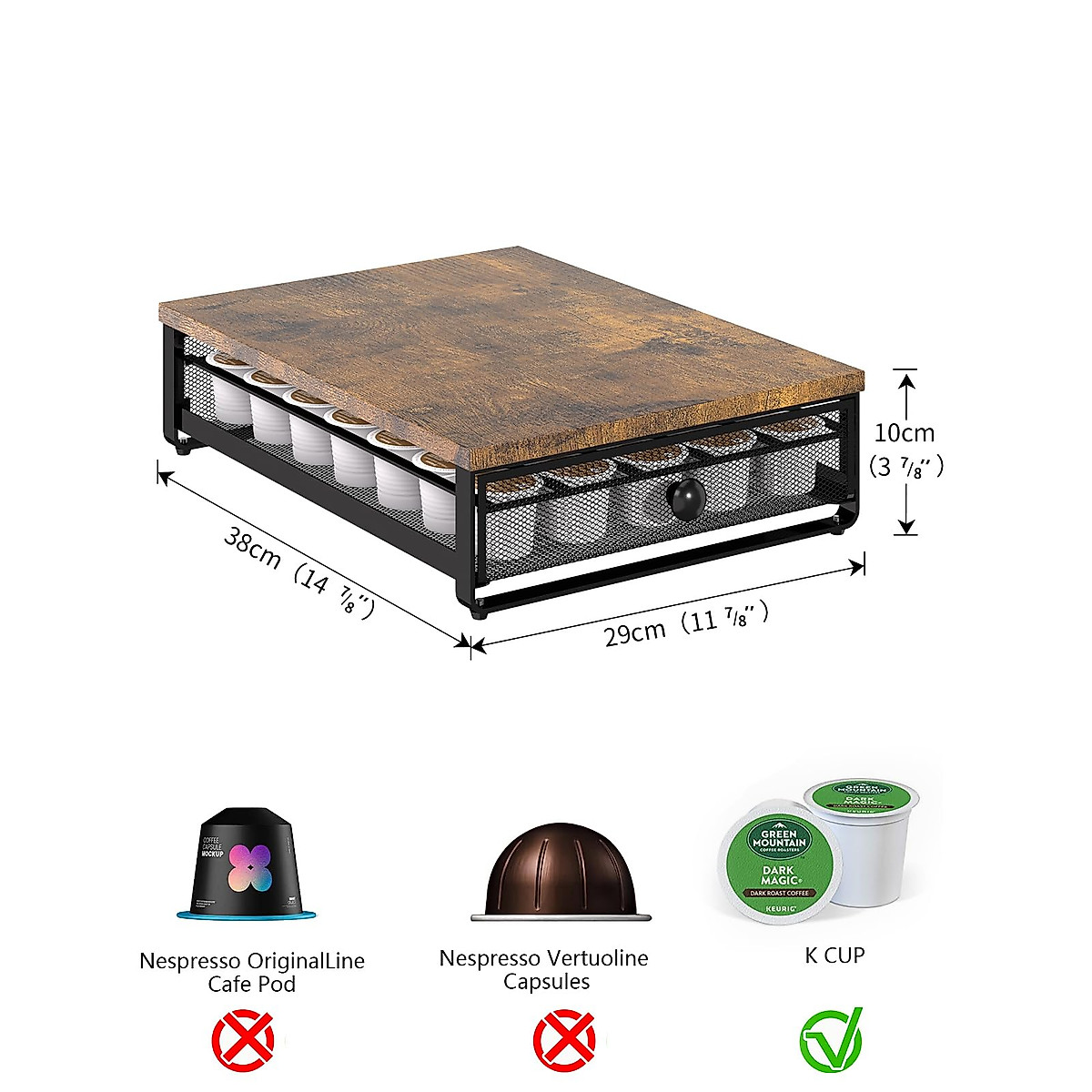 K Cup Organizer, Coffee Pod Holder Drawer, Under Brewer Storage Organizer with Sliding Drawer holds up to 35 K-Cup Pods, No Assembly Needed, Rustic Brown