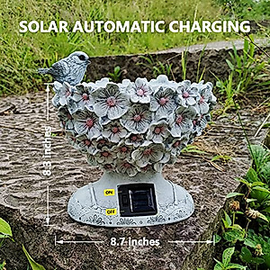 SJC Solar Garden Statues Garden Decor Flower Pot Bird Feeder with Lights,Solar Outdoor Lights,Waterproof Resin Sculpture Garden Decoration for Patio,Lawn,Yard,Home