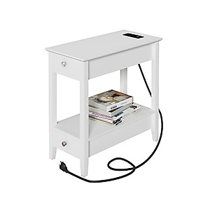 Treocho Side Table with Charging Station, Narrow End Table with Storage, 2-Drawer Nightstand with USB Ports & Power Outlet, White Sofa Bedside Table for Small Spaces, Living Room, Bedroom